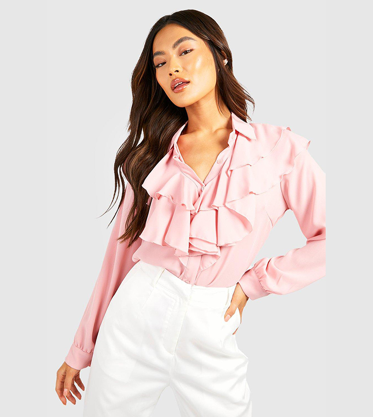 Buy Boohoo Woven Volume Ruffle Front Top In Blush | 6thStreet Saudi Arabia
