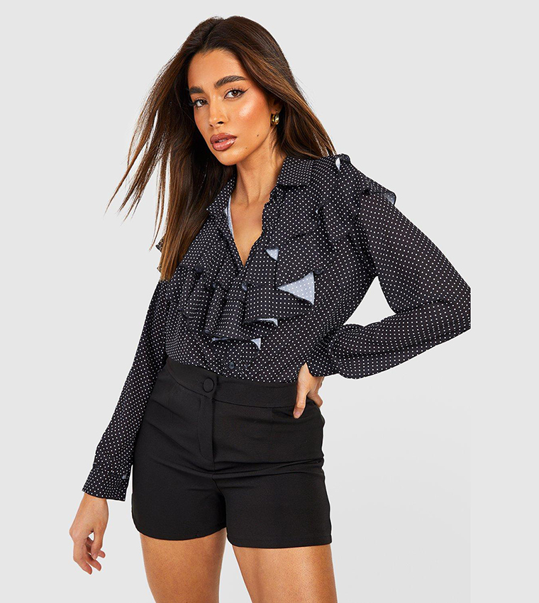 Buy Boohoo Polka Dot Woven Volume Ruffle Front Top In Black | 6thStreet ...