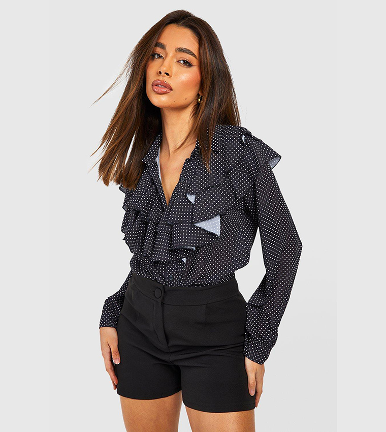 Buy Boohoo Polka Dot Woven Volume Ruffle Front Top In Black | 6thStreet ...