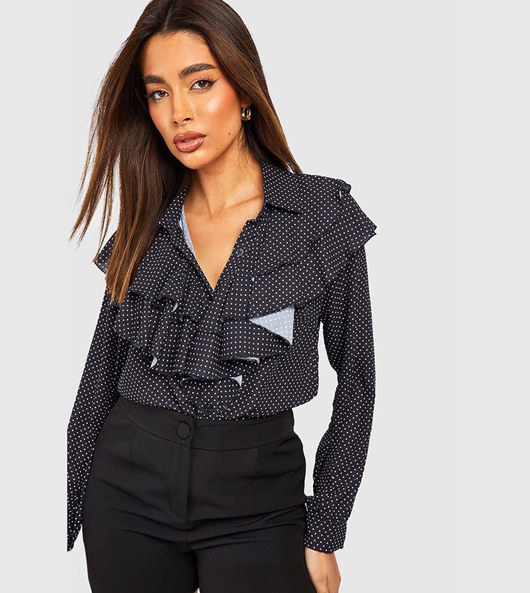 Buy Boohoo Polka Dot Woven Volume Ruffle Front Top In Black | 6thStreet ...
