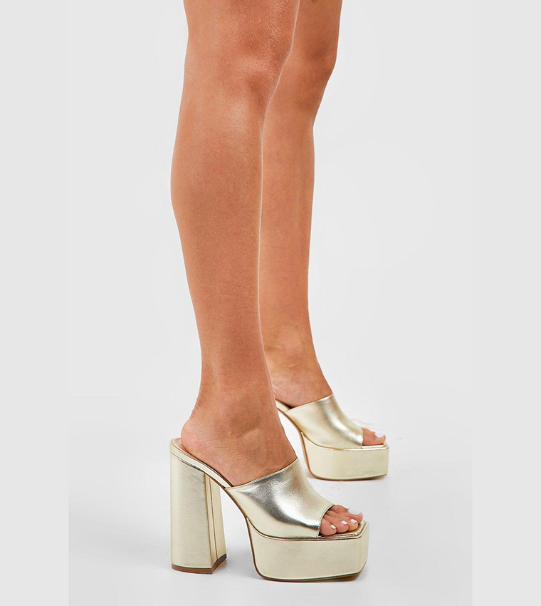 Buy Boohoo Square Toe Platform Heeled Mules In Gold | 6thStreet Saudi ...
