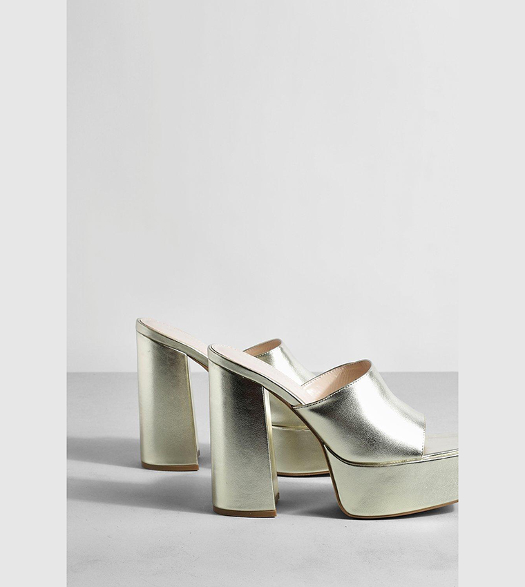Buy Boohoo Square Toe Platform Heeled Mules In Gold | 6thStreet Saudi ...