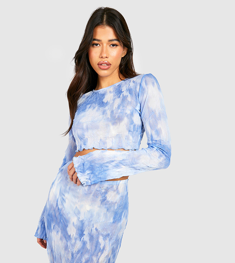 Buy Boohoo Tall Marble Mesh Long Sleeves Crop Top In Blue | 6thStreet ...