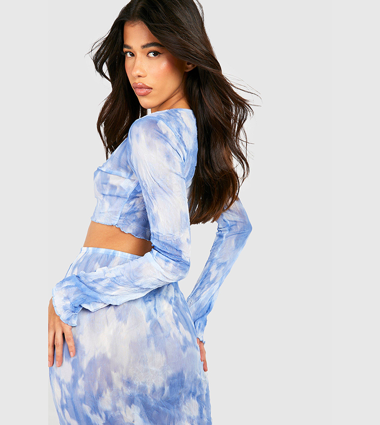 Buy Boohoo Tall Marble Mesh Long Sleeves Crop Top In Blue | 6thStreet ...