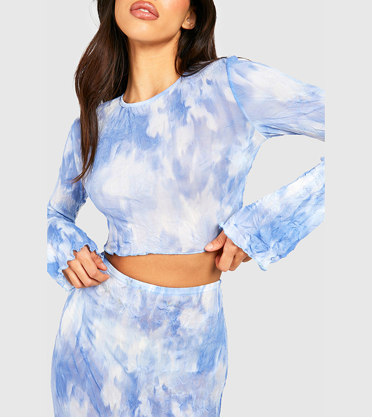 Buy Boohoo Tall Marble Mesh Long Sleeves Crop Top In Blue | 6thStreet ...