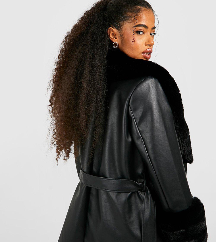 Buy Boohoo Faux Fur Trim Faux Leather Jacket In Black | 6thStreet Kuwait