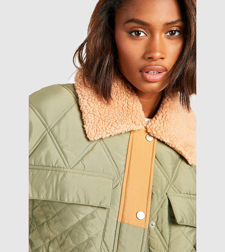 Buy Boohoo Teddy Collar Quilted Puffer Jacket In Khaki | 6thStreet Saudi Arabia