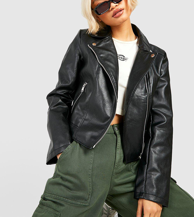 Buy Boohoo Faux Leather Biker Jacket In Black | 6thStreet Kuwait