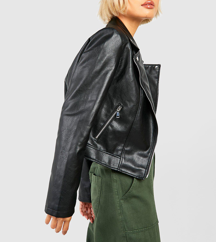 Buy Boohoo Faux Leather Biker Jacket In Black | 6thStreet Kuwait