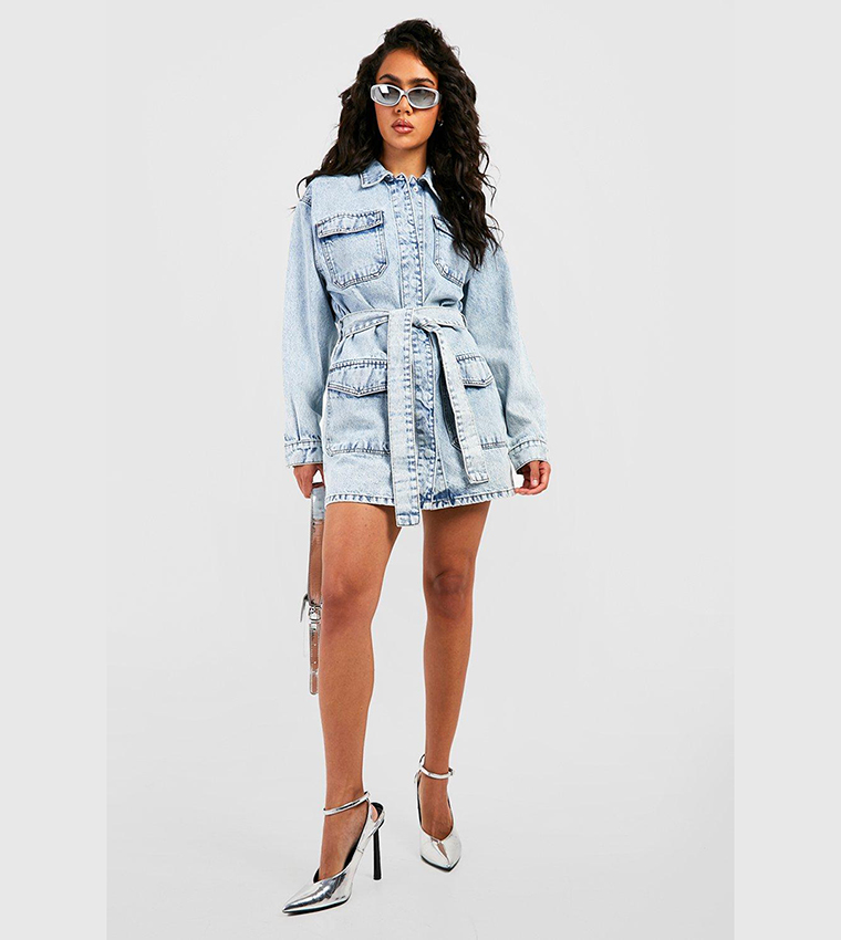 Buy Boohoo Belted Denim Micro Mini Shirt Dress In Blue | 6thStreet UAE