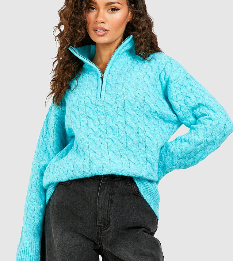 Buy Boohoo Cable Knit Half Zip Jumper In Blue | 6thStreet Qatar