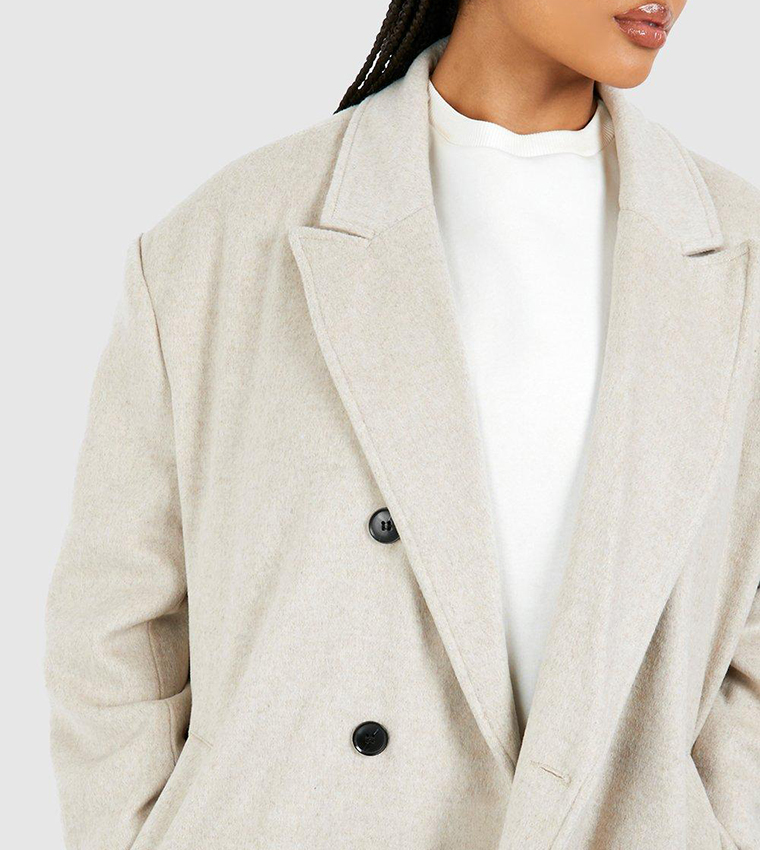 Buy Boohoo Oversized Shoulder Pad Double Breast Maxi Wool Coat In Beige ...