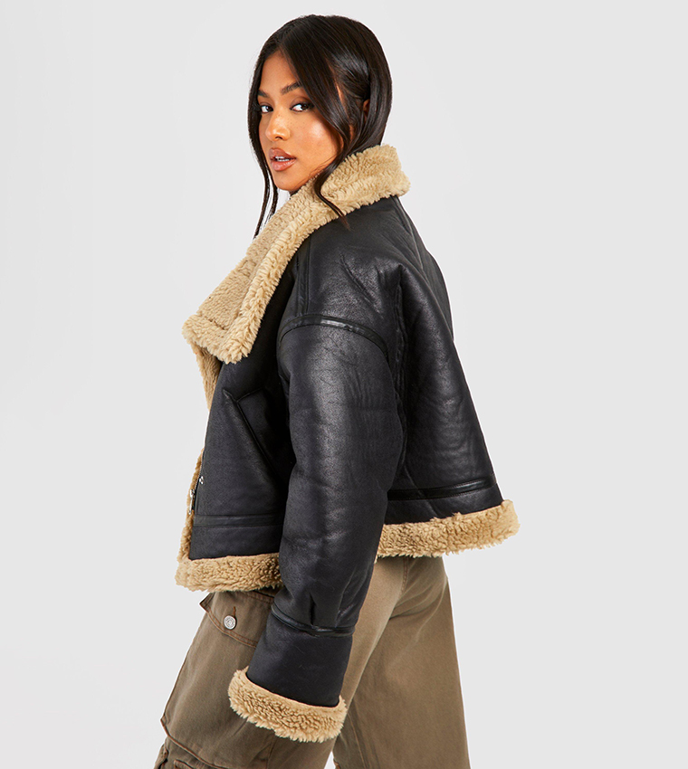 Buy Boohoo Teddy Trim Aviator Jacket In Black | 6thStreet Qatar