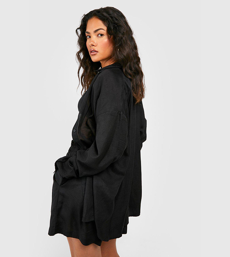Buy Boohoo Linen Look Shirt And Short Beach Co Ord Set In Black ...