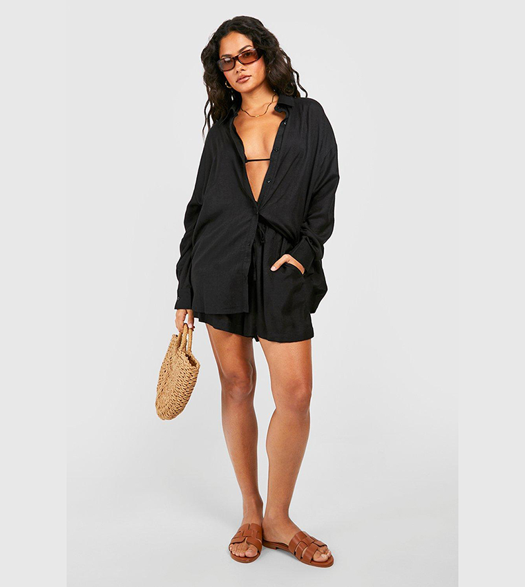 Buy Boohoo Linen Look Shirt And Short Beach Co Ord Set In Black ...