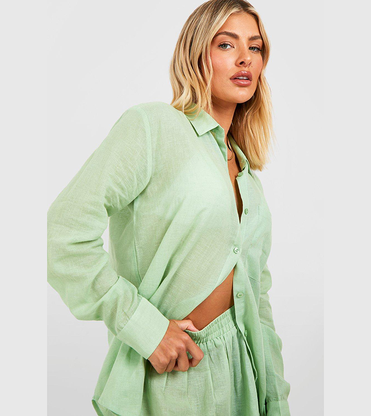 Buy Boohoo Linen Look Shirt And Short Beach Co Ord Set In Sage ...