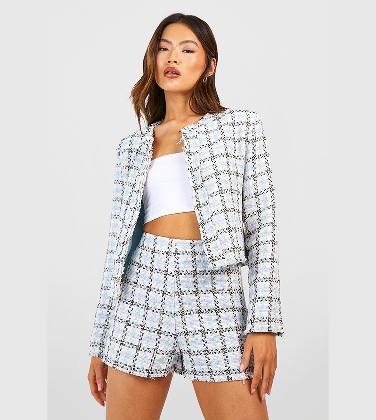 Buy Boohoo Pastel Tweed Frayed Edge Cropped Blazer In Powder Blue ...