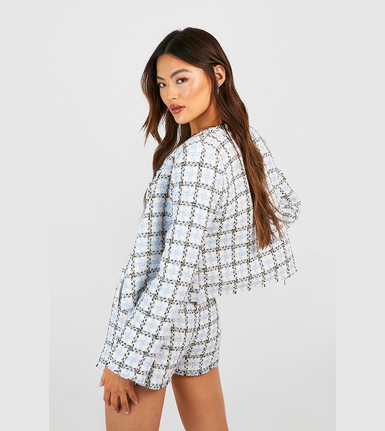 Buy Boohoo Pastel Tweed Frayed Edge Cropped Blazer In Powder Blue ...