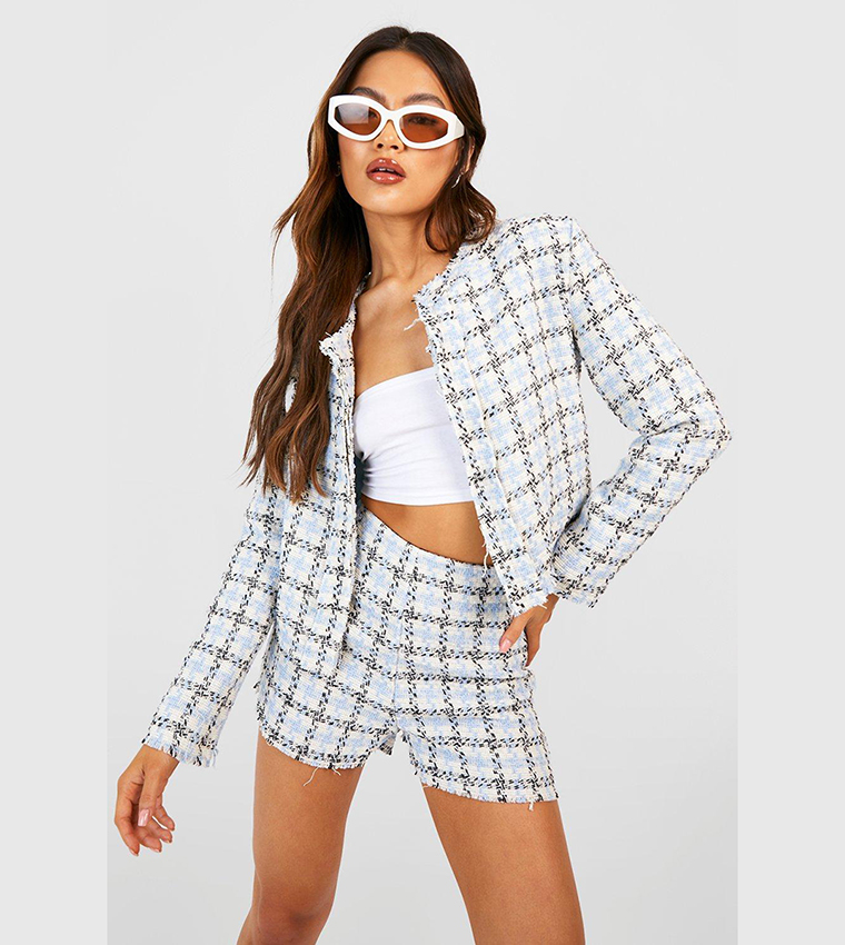 Buy Boohoo Pastel Tweed Frayed Edge Cropped Blazer In Powder Blue ...