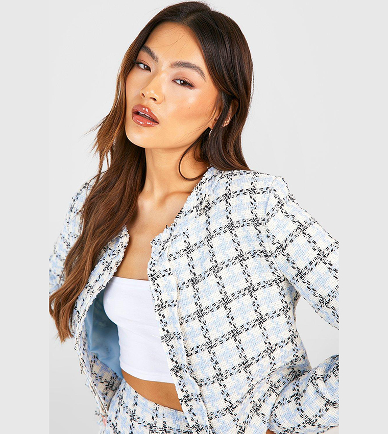 Buy Boohoo Pastel Tweed Frayed Edge Cropped Blazer In Powder Blue ...