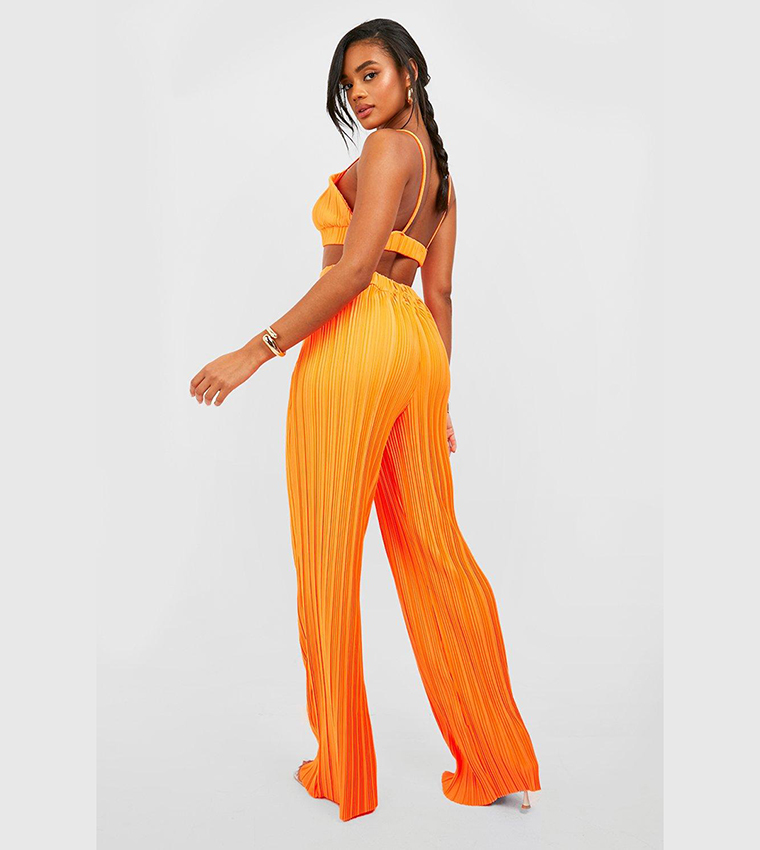 Buy Boohoo Neon Plisse Bralette And Wide Leg Trouser Set In NEON ORANGE ...