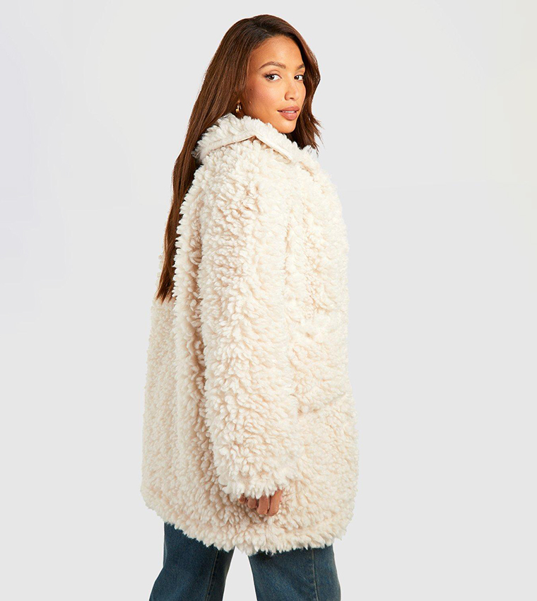 Buy Boohoo Tall Textured Collared Faux Fur Coat In Beige | 6thStreet Kuwait