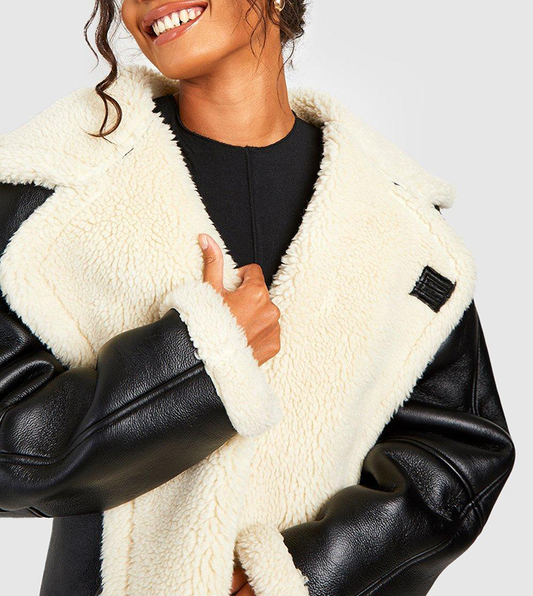 Buy Boohoo Tall Borg Trim Oversized Aviator Jacket In Black | 6thStreet ...