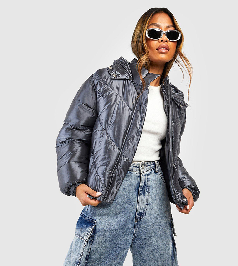 Buy Boohoo Detail Hooded Puffer Jacket In Silver | 6thStreet Oman