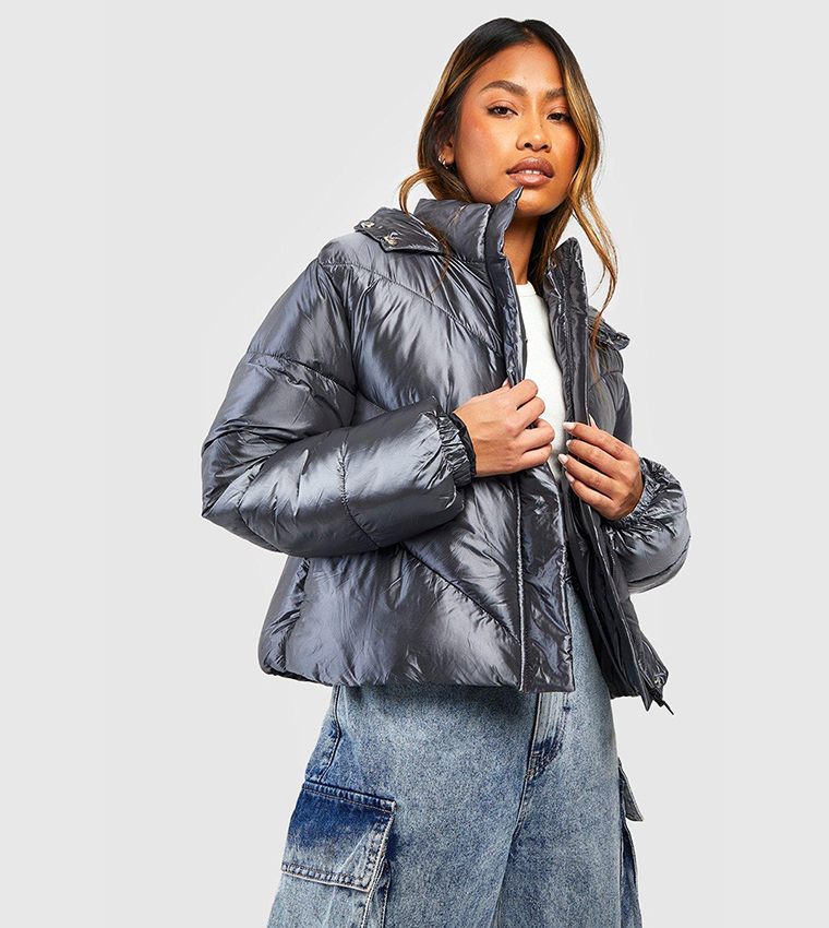 Buy Boohoo Detail Hooded Puffer Jacket In Silver | 6thStreet Oman