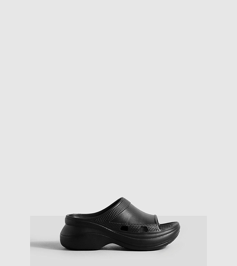 Buy Boohoo Chunky Wave Sole Platform Slides In Black | 6thStreet UAE