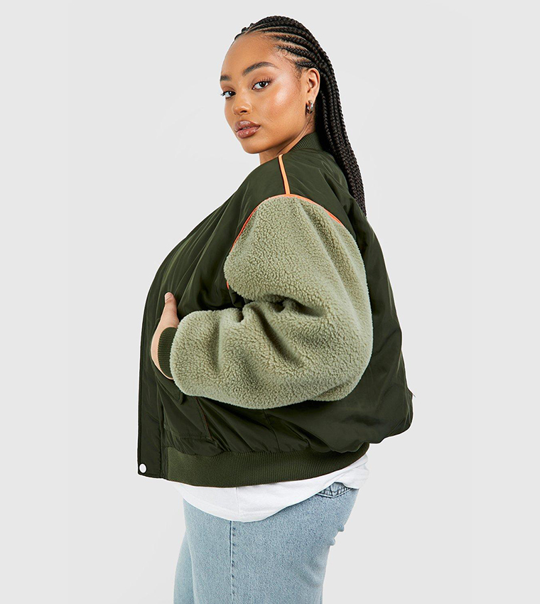 Buy Boohoo Teddy Sleeves Bomber Jacket In Khaki | 6thStreet Bahrain