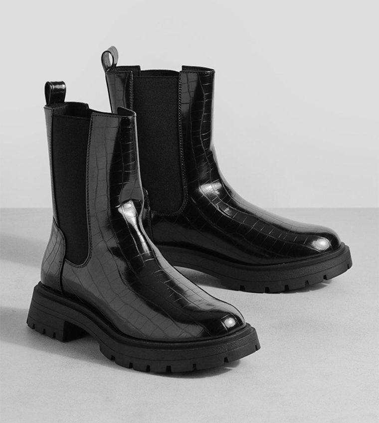 Buy Boohoo Wide Fit Back Tab Croc Chelsea Boots In Black | 6thStreet Kuwait
