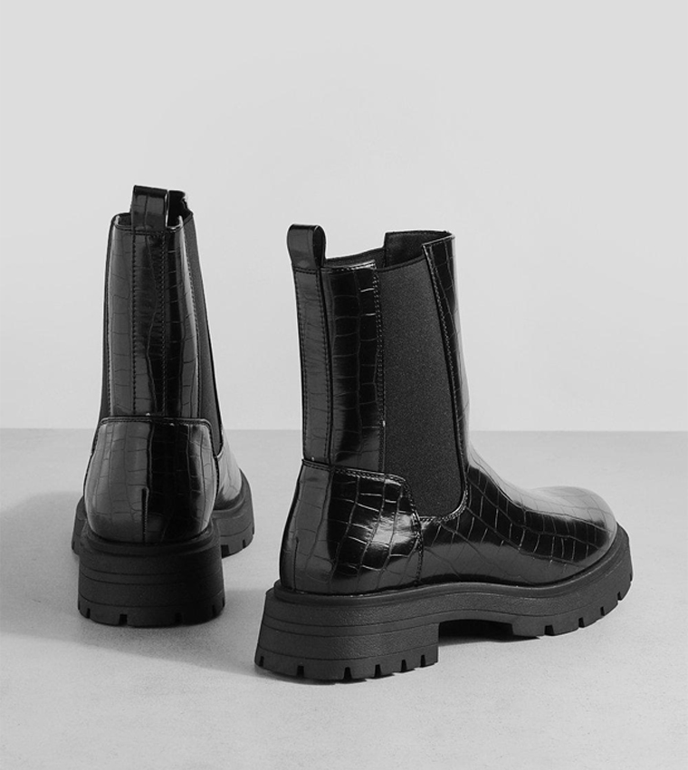 Buy Boohoo Wide Fit Back Tab Croc Chelsea Boots In Black | 6thStreet Qatar
