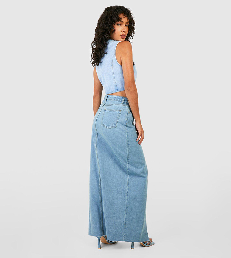Buy Boohoo High Raw Split Denim Maxi Skirt In Blue | 6thStreet Kuwait