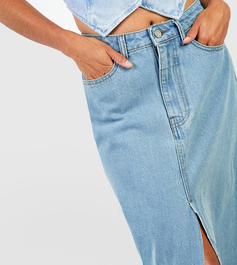 Buy Boohoo High Raw Split Denim Maxi Skirt In Blue | 6thStreet Kuwait