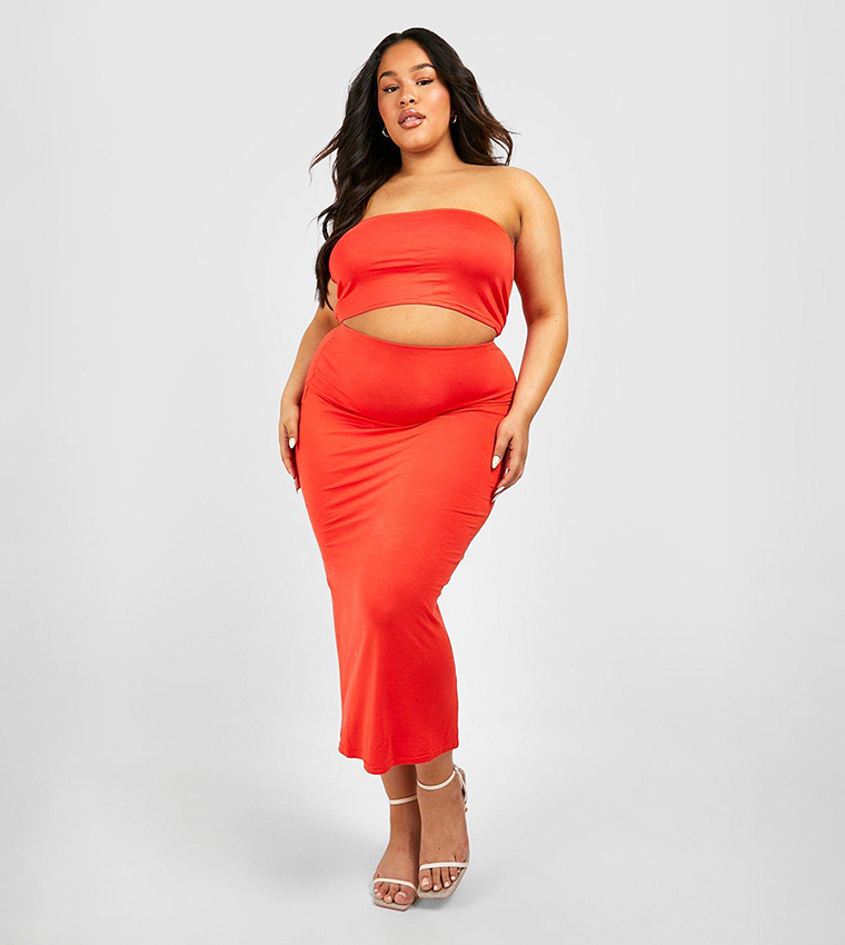 Buy Boohoo Textured Bandeau Top And Midaxi Skirt Set In Orange ...