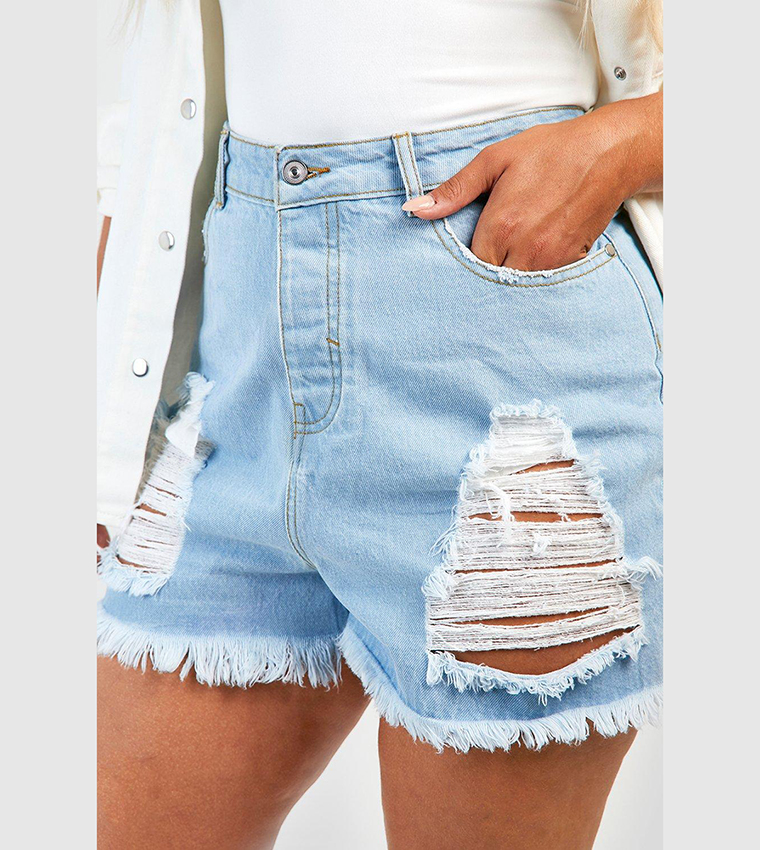 Buy Boohoo Ripped Hem Denim Shorts In Blue | 6thStreet Saudi Arabia