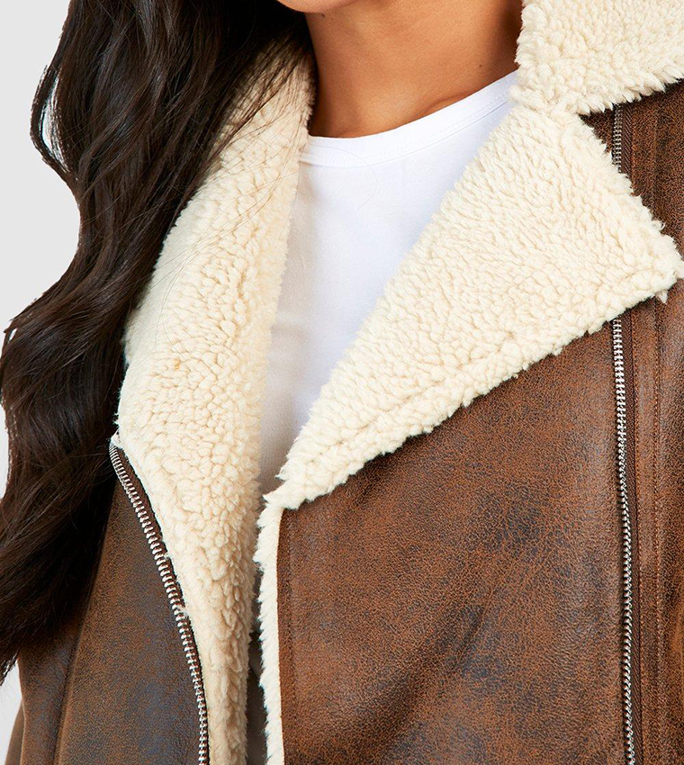 Buy Boohoo Pu Borg Collar Aviator Jacket In Brown | 6thStreet Saudi Arabia