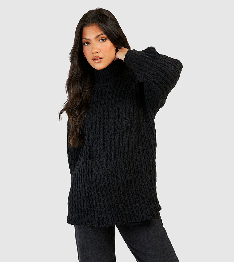 Buy Boohoo Cable Knit Side Split Jumper In Black | 6thStreet Bahrain