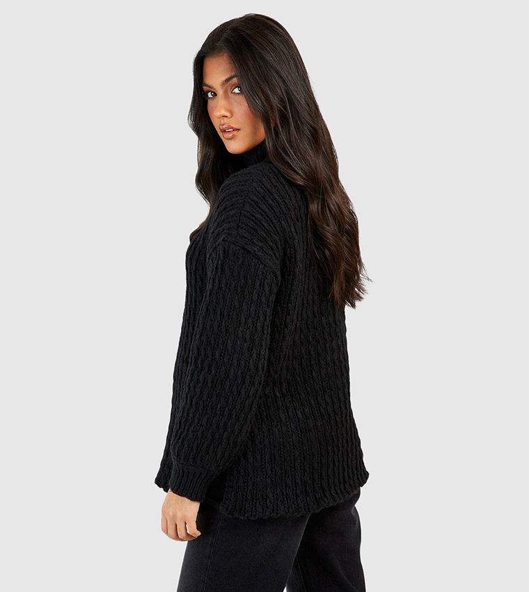 Buy Boohoo Cable Knit Side Split Jumper In Black | 6thStreet Bahrain