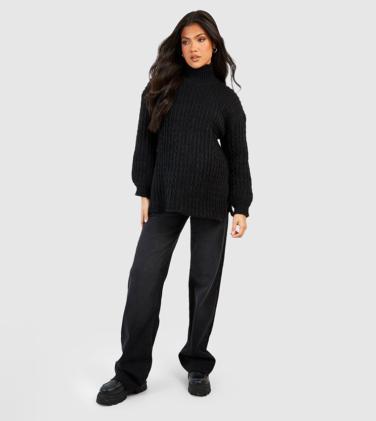 Buy Boohoo Cable Knit Side Split Jumper In Black | 6thStreet Bahrain