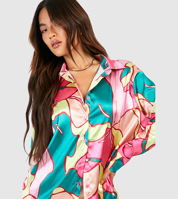 Buy Boohoo Abstract Oversized Satin Shirt In Multiple Colors ...