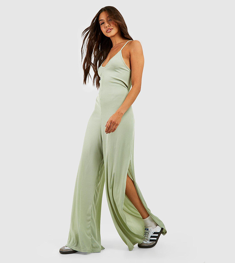 Buy Boohoo Ribbed Strappy Oversized Split Leg Jumpsuit In Green ...