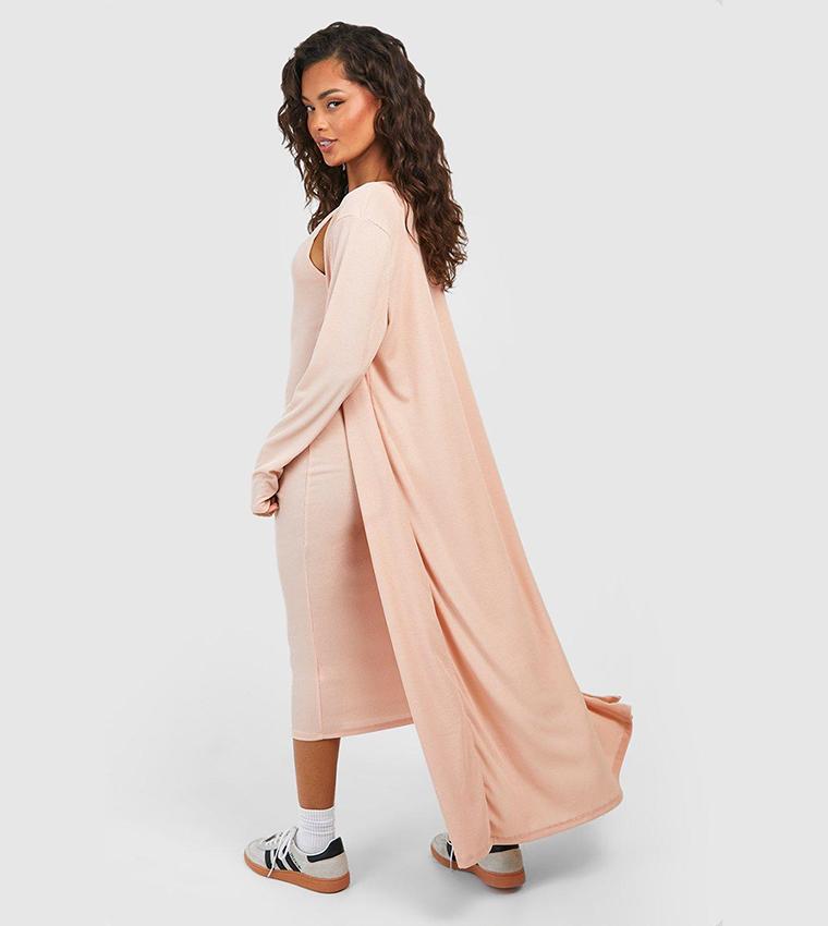 Buy Boohoo Ribbed Midi Dress And Duster Set In Nude | 6thStreet UAE