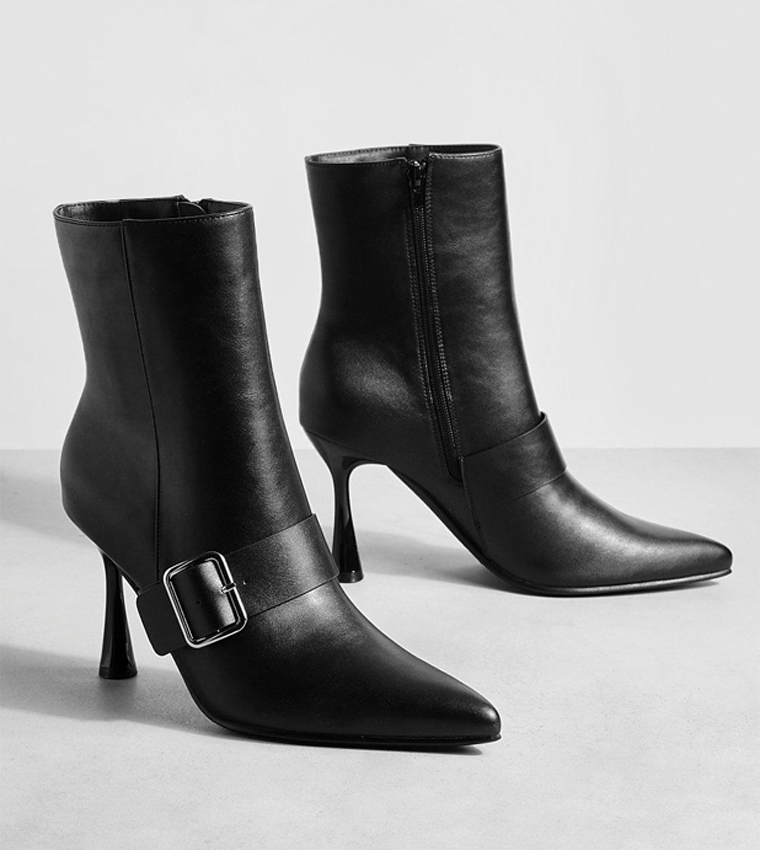 Buy Boohoo Buckle Detail Flared Heel Ankle Boots In Black | 6thStreet UAE