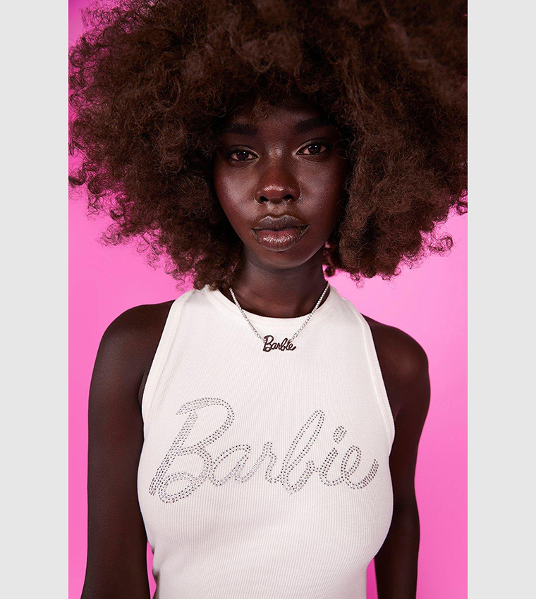 Buy Boohoo Barbie Diamante Slogan Rib Knit Bodycon Mini Dress In White ...