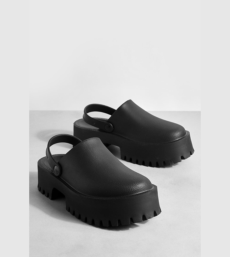 Buy Boohoo Chunky Cleated Sole Platform Slingback Clogs In Black ...