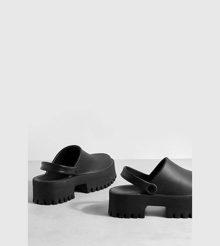Buy Boohoo Chunky Cleated Sole Platform Slingback Clogs In Black ...