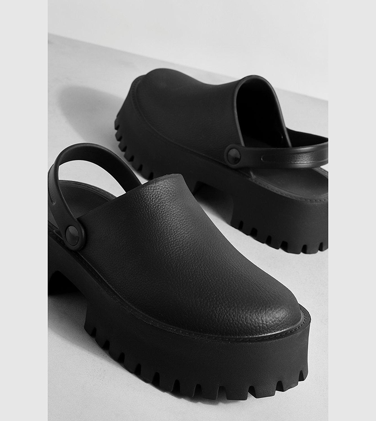 Buy Boohoo Chunky Cleated Sole Platform Slingback Clogs In Black ...