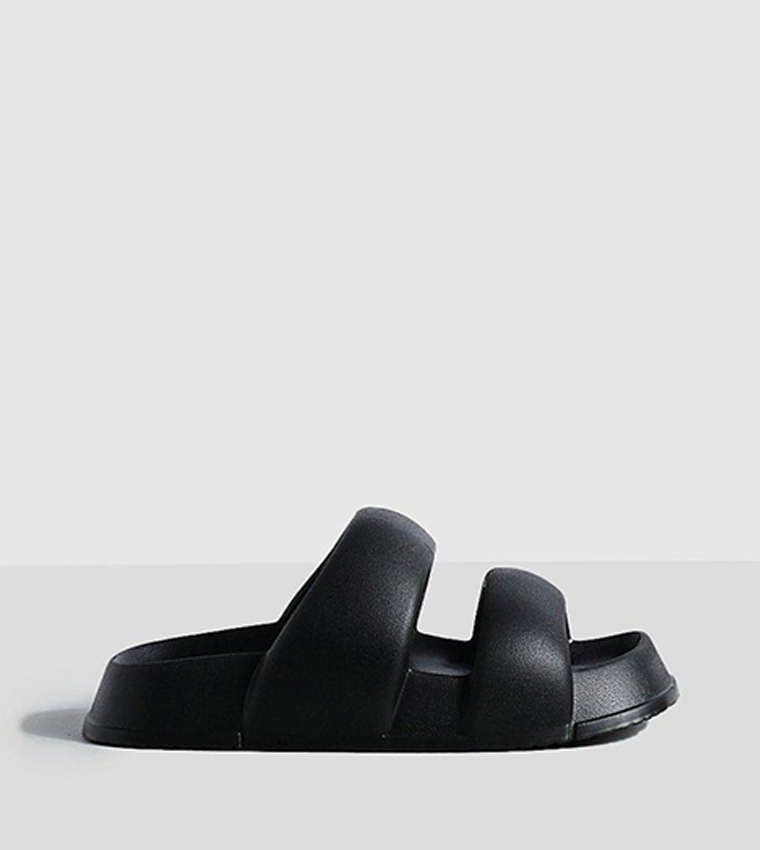 Buy Boohoo Chunky Square Double Strap Toe Slides In Black | 6thStreet Qatar